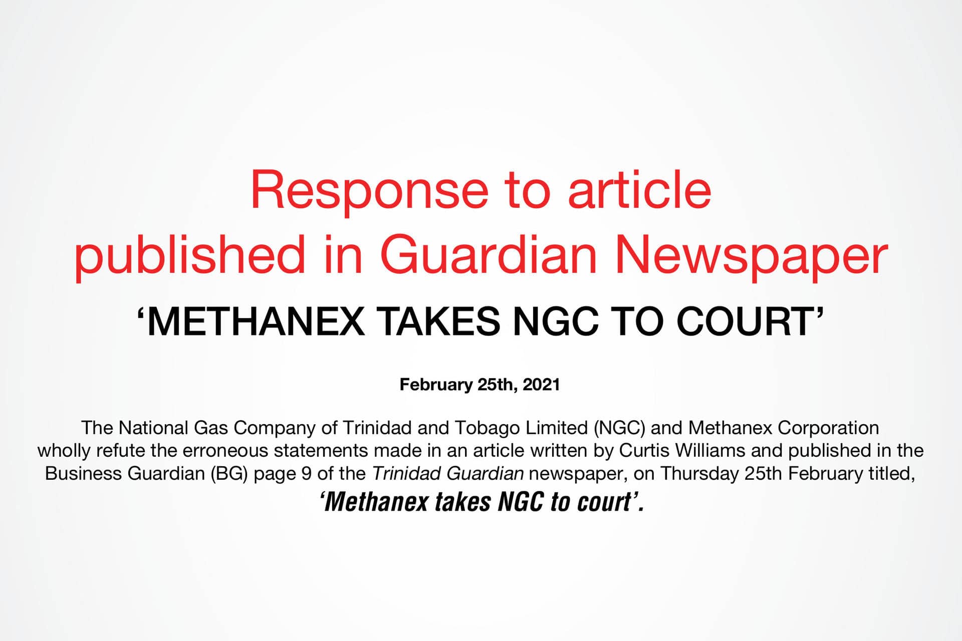 Response to Article Published in Guardian Newspaper: 'Methanex takes ...